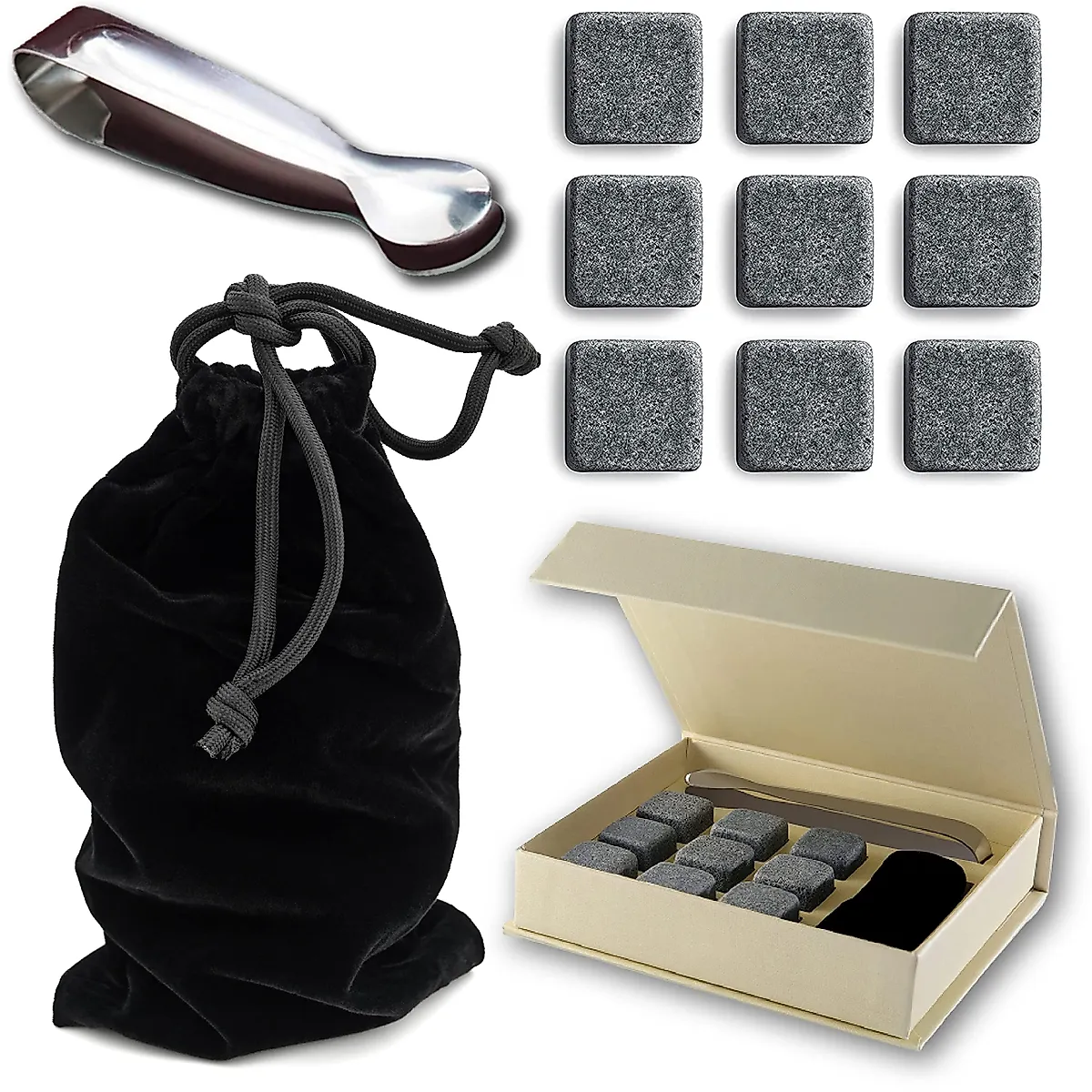 Set of 9 Grey Beverage Chilling Stones [Chill Rocks] Whiskey Stones for Whiskey and Other Beverages - in Gift Box with Velvet Carrying Pouch - Made of 100% Pure Soapstone - by Quiseen