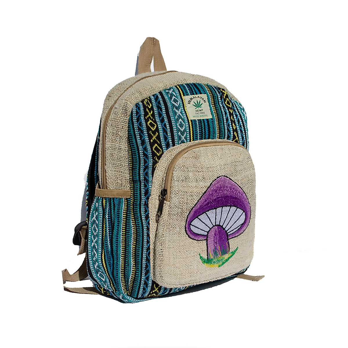 Handmade Mini Hemp Mushroom Backpack Purple Mushroom | Made in Nepal Travel Backpack with Water Bottle Pockets | Hemp Cotton Backpack