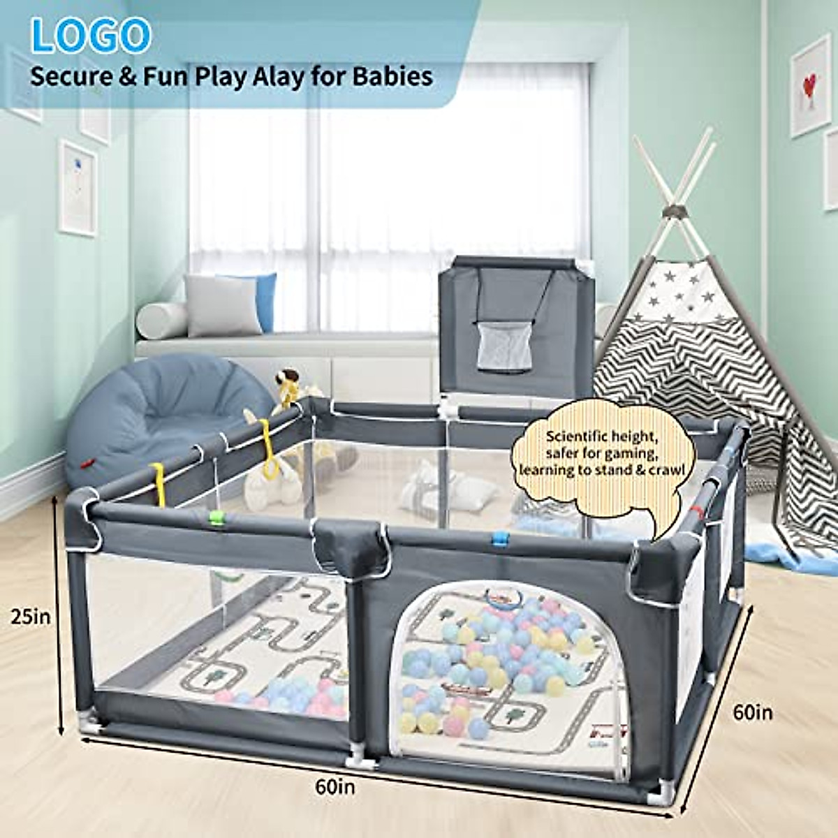 Baby Playpen with Basketball Large Playpen with Mat Playard for Babies Toddlers and Kids Play Pen Indoor & Outdoor Activity 63x63 Inches Extra Baby Play Pen with 100 PCS Ocean Balls