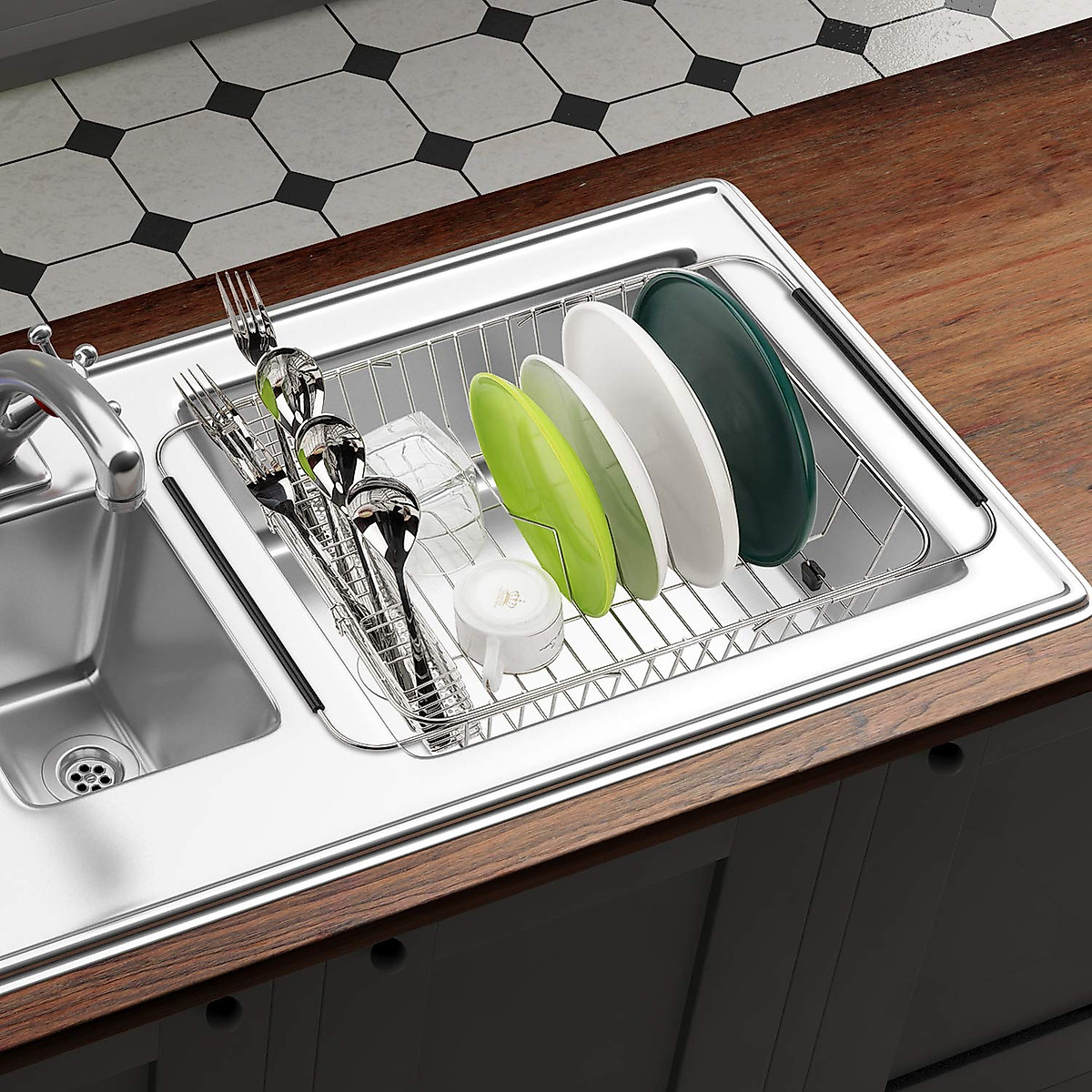 Slideep Expandable Dish Drying Rack, 202 Stainless Steel Over The Sink Dish Rack, in Sink or On Counter Dish Drainer with Steel Removable Utensil Holder