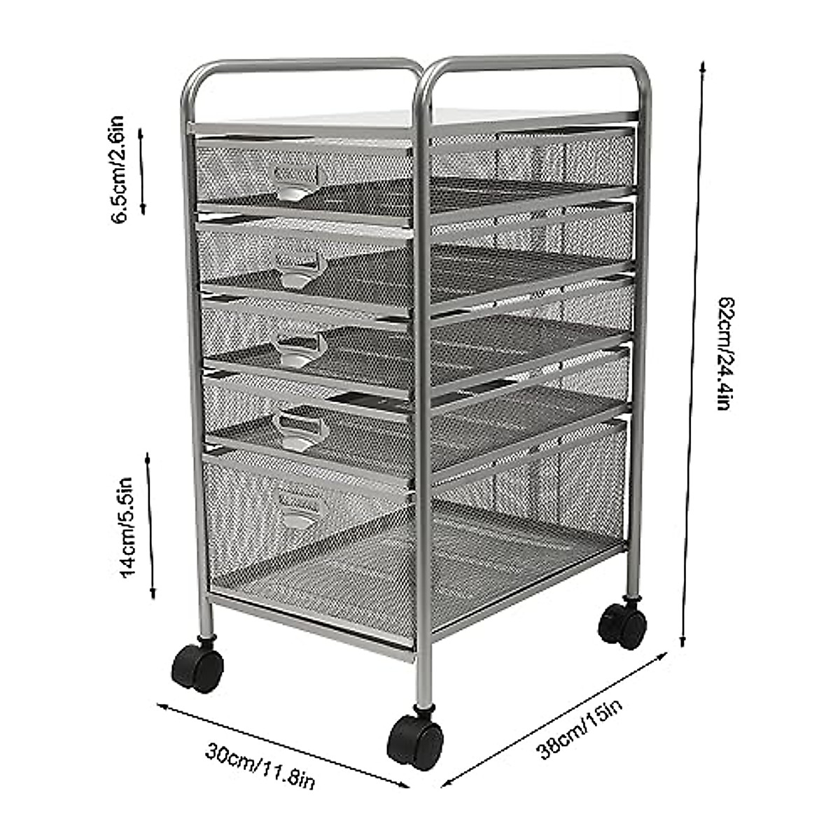 Rolling Carts with Wheels and Drawers, Metal Mesh 5 tier Rolling File Cart File Cabinet with Drawers Storage Cart, Silver
