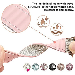 Compatible with Apple Watch Band 41mm 38mm 40mm 42mm 44mm 45mm, CTYBB Blingbling Sweatproof Genuine Leather and Silicone Band for iWatch Series 8 7 6 5 4 3 2 1 SE Ultra, (Starlight/Rose Gold,41mm 38mm 40mm)