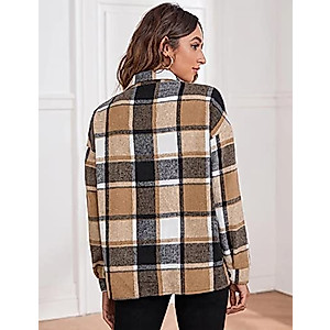 Lentta Women's Flannel Plaid Shacket Jacket Casual Fall Wool Blend Button Up Shirt Coat(Khaki-S)