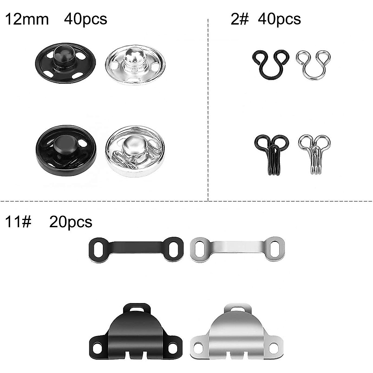 Beautychen 50 Pair Snaps for Sewing 3 Styles Hook and Eye Latch for Clothing Sewing Fixing Tools with Metal Sewing Buttons Fasteners Press Studs for Skirt Dress Bra Sewing DIY Crafting, 2 Colors (50)