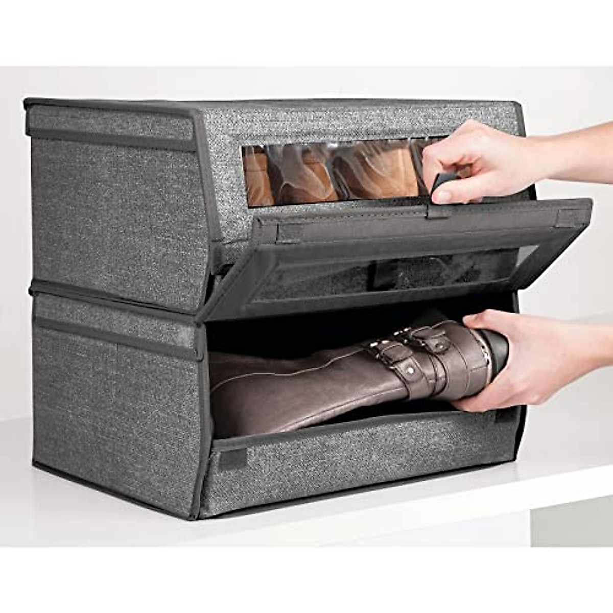 mDesign Large Fabric Closet Shoe Storage Box w/Clear Window - Shoe, Sandal, Sweater, Linen, Clothes Organizer - Boot Storage Solutions - Shoe Bin - Lido Collection, 8 Pack, Charcoal Gray