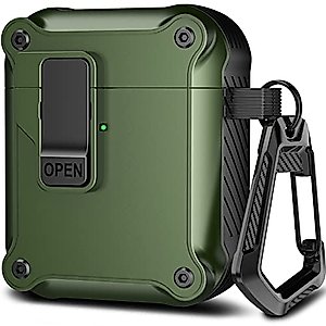 R-fun AirPods 2nd Generation & 1st Generation with Automatic Secure Lock Clip, Hard Shell Full-Body Protective for Women Men with Apple AirPods Wireless Charging Case,Front LED Visible-Black Green
