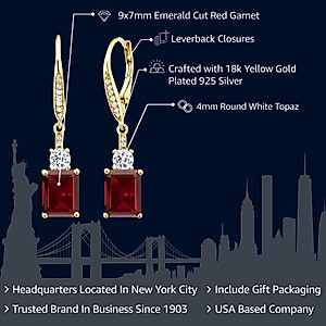 Gem Stone King 18K Yellow Gold Plated Silver Red Garnet and White Topaz Dangle Earrings For Women (5.88 Cttw, Gemstone January Birthstone, Octagon 9X7MM)