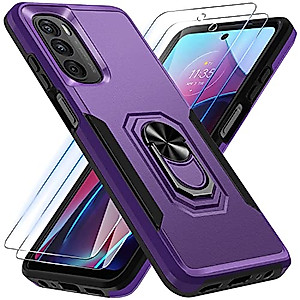 Janmitta Motorola Moto G 5G 2022 Case with Screen Protector[2 Pack], Heavy Duty Shockproof Full Body Protective Phone Cover,Built in Rotatable Magnetic Ring Holder Kickstand,Lavender
