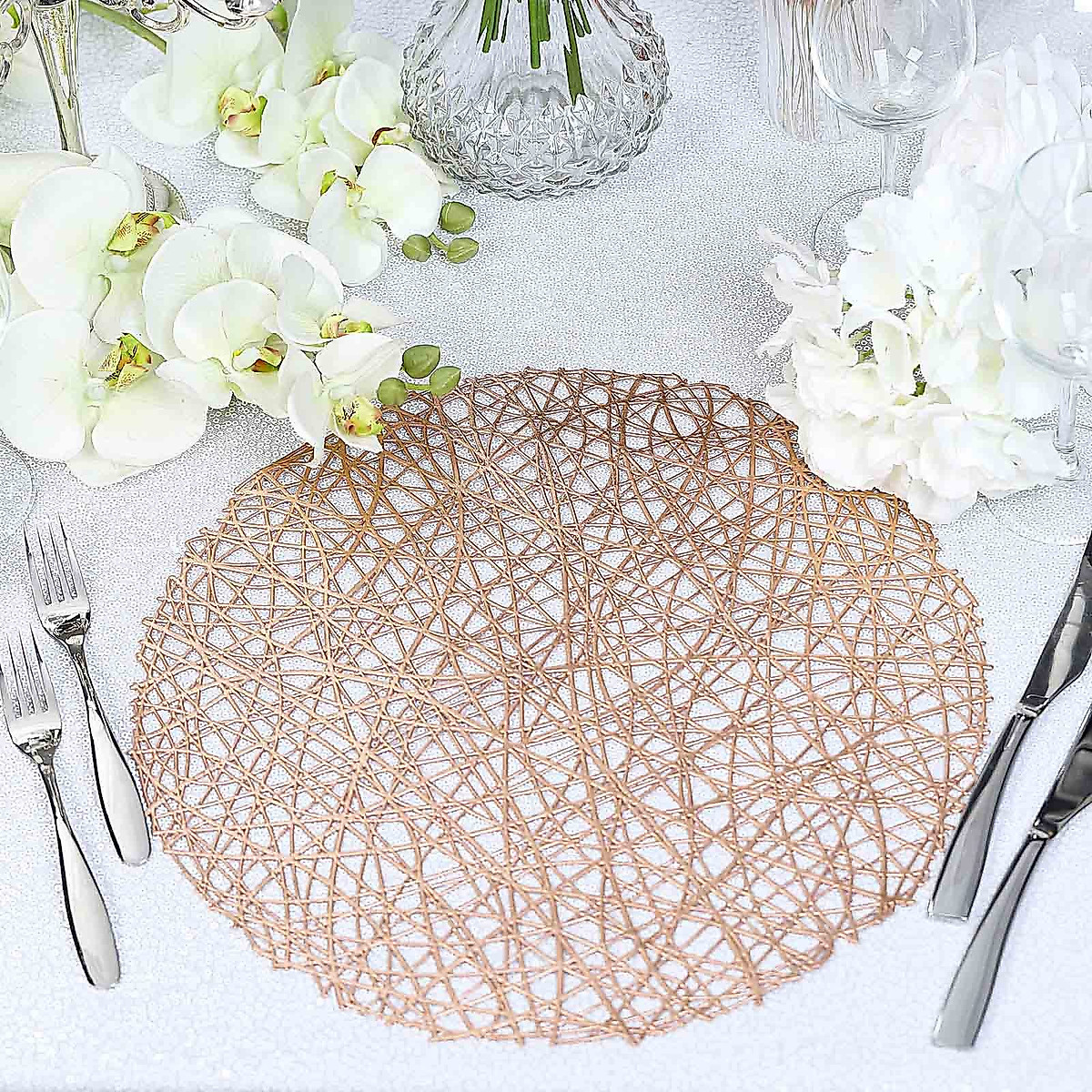 TABLECLOTHSFACTORY 6 Pack | 15" Rose Gold Round Woven Vinyl Placemats | Non Slip Dining Table Placemats for Wedding Events Birthday Party