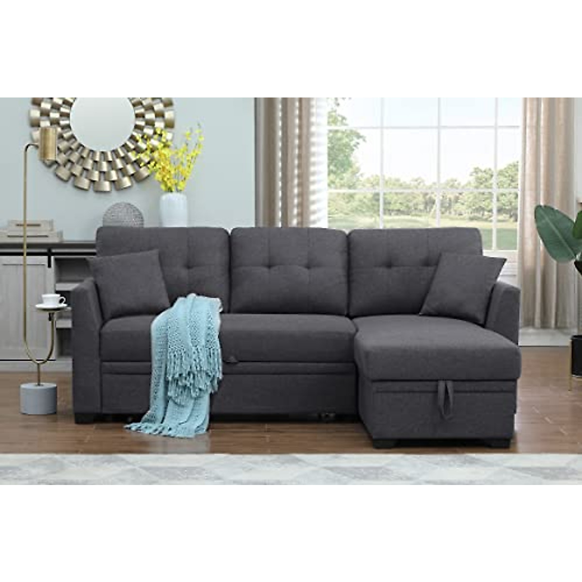 Payeel Sectional Sofa with Pull-Out Bed and Storage Chaise Lounge 81.5" Reversible Furniture Contemporary L-Shaped Fabric Sleeper Sofa for Living Room (Dark Gray)