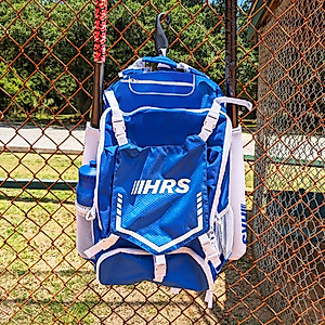 Hit Run Steal Blue Softball Baseball Bag - Holds 4 Bats, Glove, Water Bottle, Shoe Compartment, Helmet, Fence Hook for Equipment & Gear