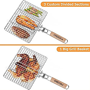 ORDORA Grill Basket, Fish Grill Basket, Rustproof Stainless Steel BBQ Grilling Basket for Meat,Steak, Shrimp, Vegetables, Chops, Heavy Duty Grill Basket Outdoor Grill Accessories