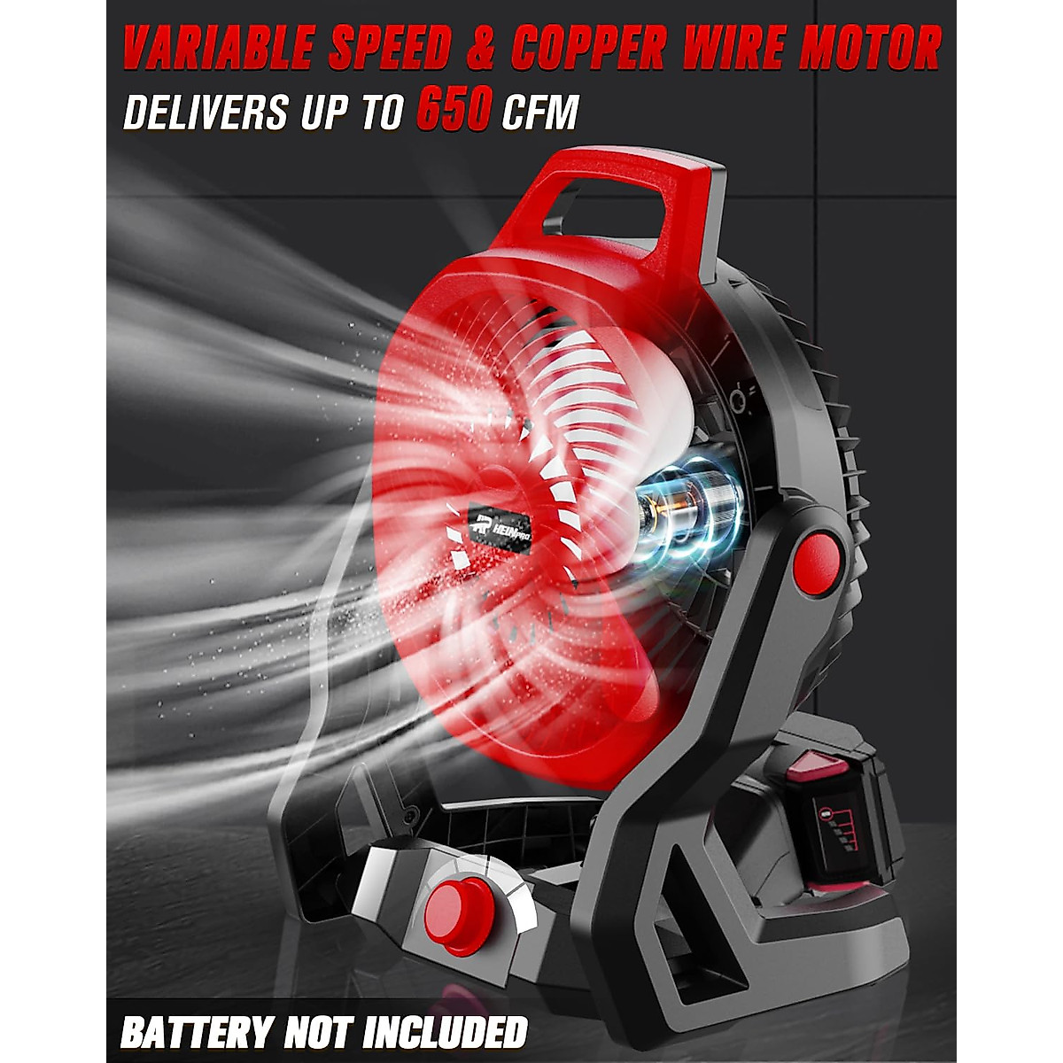 HEINPRO Battery Powered Fan for Milwaukee M18 18V Battery with AC Adapter (No Battery), Up to 650 CFM Cordless Fan,Variable Speed Battery Operated Fan,Low Noise 30dB Portable Fan, Jobsite Camping Fan