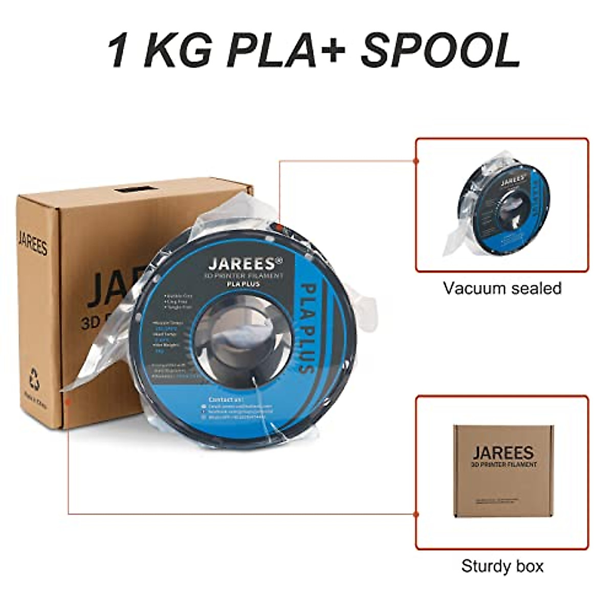 JAREES PLA Plus(PLA+) 3D Printer Filament,Higher Toughness PLA Pro Printing Filament 1.75mm 1kg Spool (2.2lbs), Dimensional Accuracy +/- 0.02 mm,Black