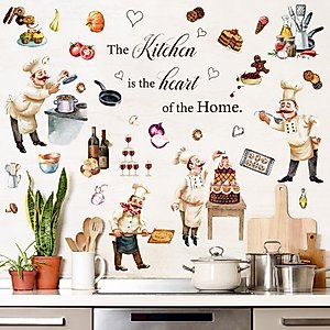 Chefs Peel and Stick Wall Decals Italian Fat Chefs Wall Stickers Cooking Wall Sticker Wine Cake for Kitchen Restaurant Dining Room Home Wall Decoration, 6 Sheets