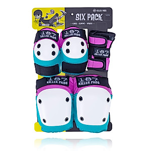 187 Killer Pads Skateboarding Knee Pads, Elbow Pads, and Wrist Guards, Six Pack Pad Set, Pink/Teal, Small/Medium