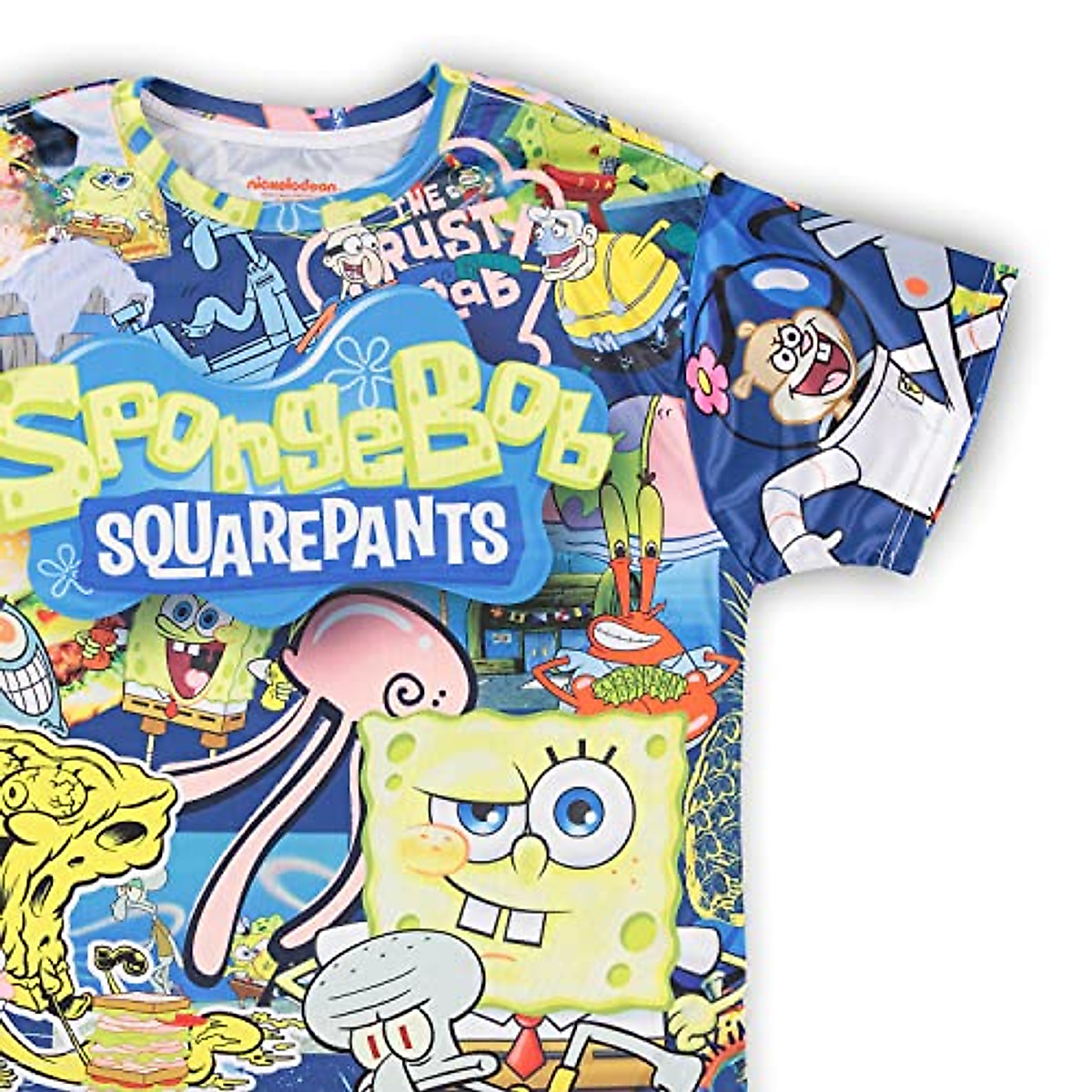 Mens Spongebob Squarepants Classic Shirt - Spongebob, Patrick & Krusty Krab Sublimated Allover T-Shirt (White, X-Large)
