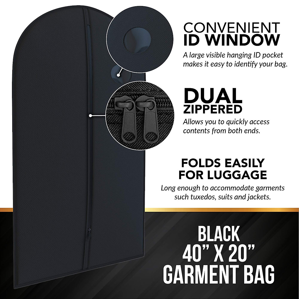 Your Bags Black Garment Bag as Dress Cover or Suit Bag for Travel - 40" x 24" Garment Bags for Travel - Garment Bags for Hanging Clothes and Closet Storage - Dress Travel Garment Bag for Men & Women