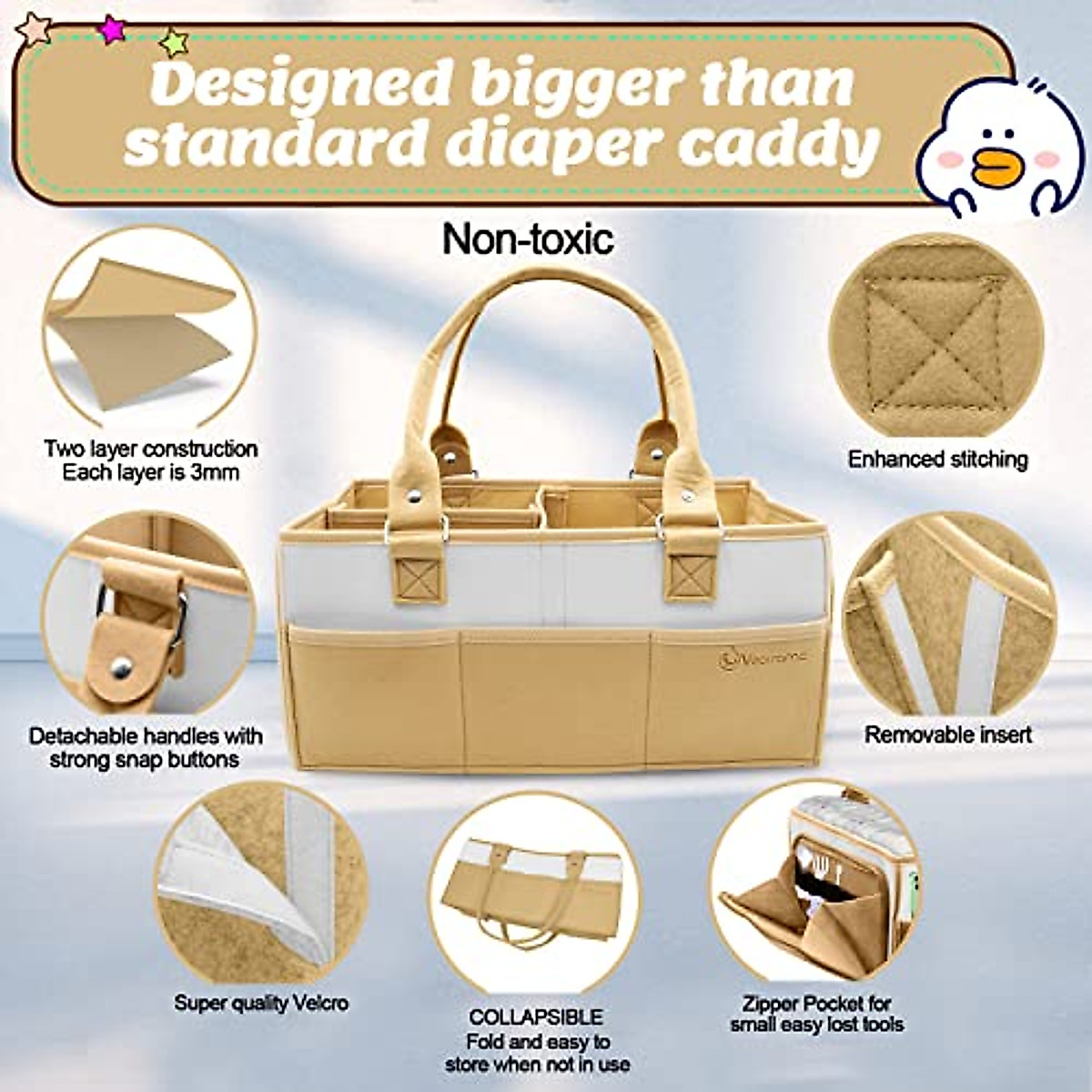 Veoiramc Diaper Caddy Organizer for Baby - Large Diaper Caddy for Baby with Handle, Felt Diaper Organizer Caddy for Change Table, Portable Changing Table Diaper Caddy for Baby Boy, Girl - Brown