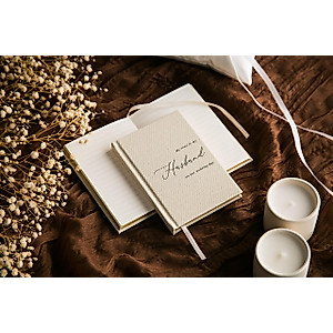 MUUJEE Hard Cover Vow Books (Set of 2) - Cream Canvas Linen Foil Embossed Wedding Ceremony Vow Renewal Speech Books, Couple Gifts for Engagement (To My Husband/Wife)