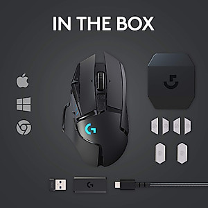 Logitech G502 Lightspeed Wireless Gaming Mouse with Hero 16K Sensor, PowerPlay Compatible, Tunable Weights and Lightsync RGB - Black (Renewed)