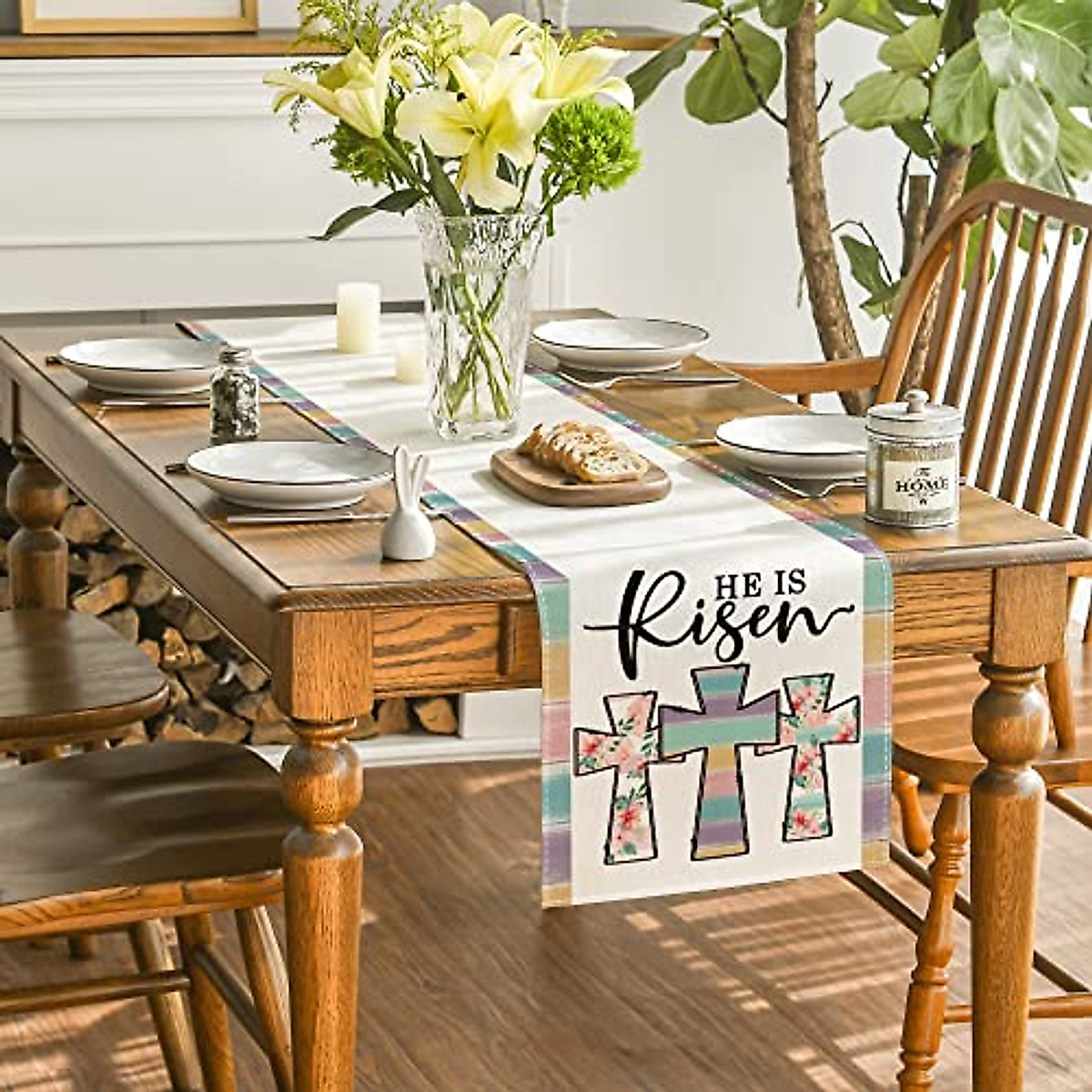 Artoid Mode Cross He is Risen Easter Table Runner, Spring Summer Seasonal Holiday Kitchen Dining Table Decoration for Indoor Outdoor Home Party Decor 13 x 72 Inch