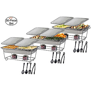 Tiger Chef Chafing Dish Buffet Set Disposable - Full Size Disposable Wire Chafer Stand Kit - 30-Piece Catering Set for Parties Includes Chafer Pans Disposable Serving Utensils
