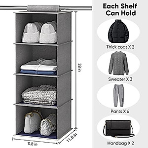JONZIN 2 Pack Hanging Closet Organizer and Storage 4-Shelf, Hanging Shelves for Closet, Collapsible Wardrobe Hanging Shelves Organizer for Bedroom or Garment Rack, 11.81" x 11.81" x 27.95"