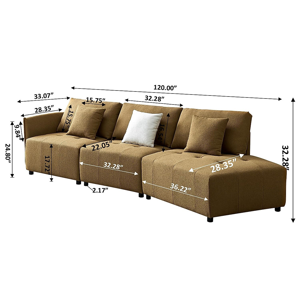 kevinplus 120'' Sectional Sofa Couch for Living Room, Modern Contemporary Sofa Couch with Curved Tufted Seat, Sofa Couch with Throw Pillow for Apartment, Teddy Fabric, Dark Yellow