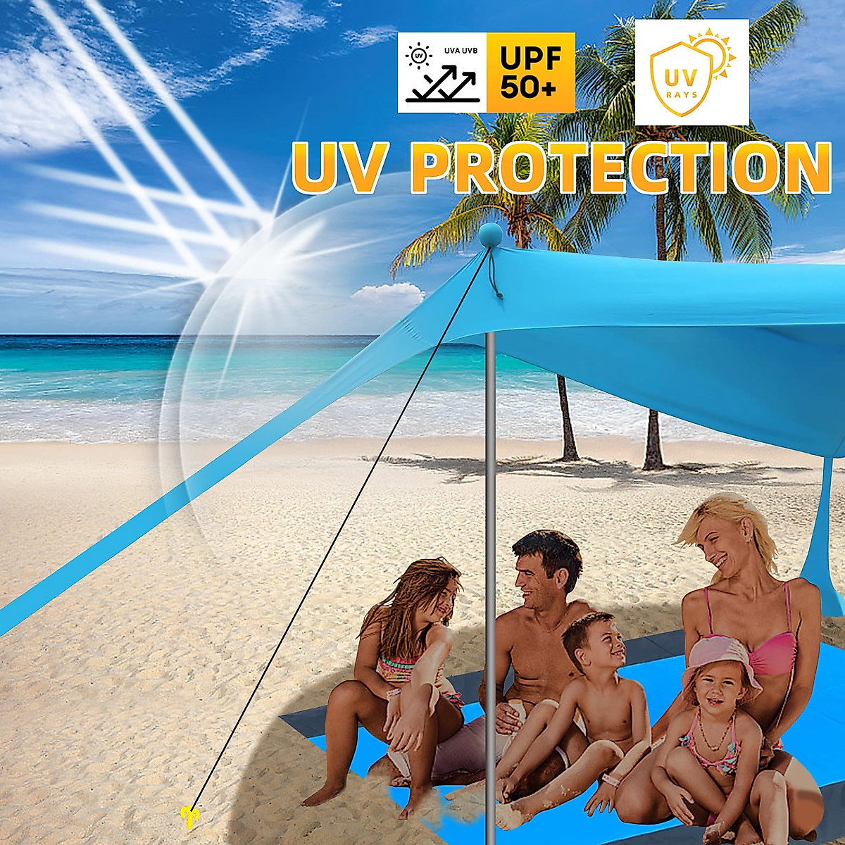 BOTINDO Family Beach Tent Canopy Sun Shade, Pop Up Grande Beach Tent Sun Shelter Stability 4 Poles with Portable Carry Bag Outdoor Shade for Beach Fishing Backyard Camping Picnics