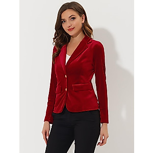 Allegra K Velvet Blazers for Women's Party Notched Lapel Single Breasted Long Sleeve Blazer Small Red
