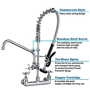 Launceter Commercial Faucet with Sprayer, 8 Inch Center Wall Mount Kitchen Faucet with 8" Swivel Spout, 20" Height Compartment Sink Faucet with Pre-Rinse Sprayer for Restaurant Industrial