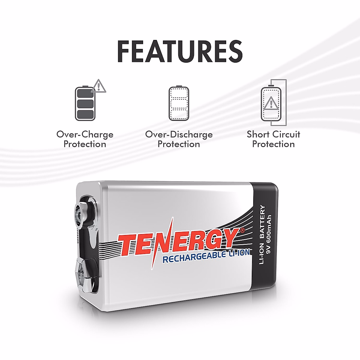 Tenergy 9V 600mAh Li-ion Rechargeable Batteries, 10 Pack