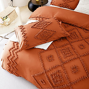 URBONUR Terracotta Duvet Cover Set King Size Burnt Orange, 3PCS Textured Tufted Bedding Set, Geometric Diamond Pattern, Ultra Soft Microfiber Duvet Cover with Zipper Closure, (Rust, King)