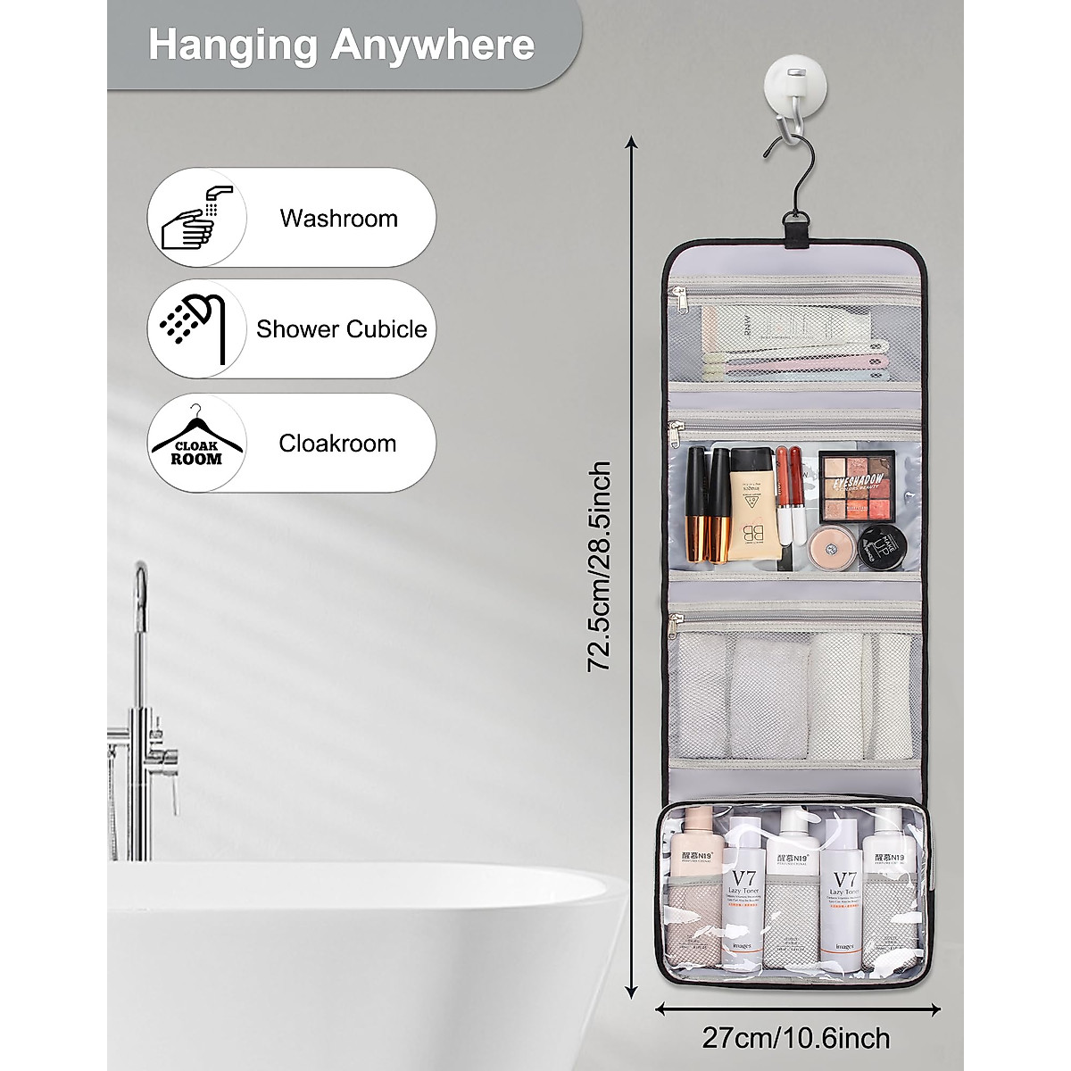 Relavel Toiletry Bag, Travel Hanging Toiletry Bag for Men and Women, Makeup Cosmetic Bag Travel Organizer for Toiletries, Shampoo, Water-resistant Leather and Lining, Full Sized Container Travel Bag