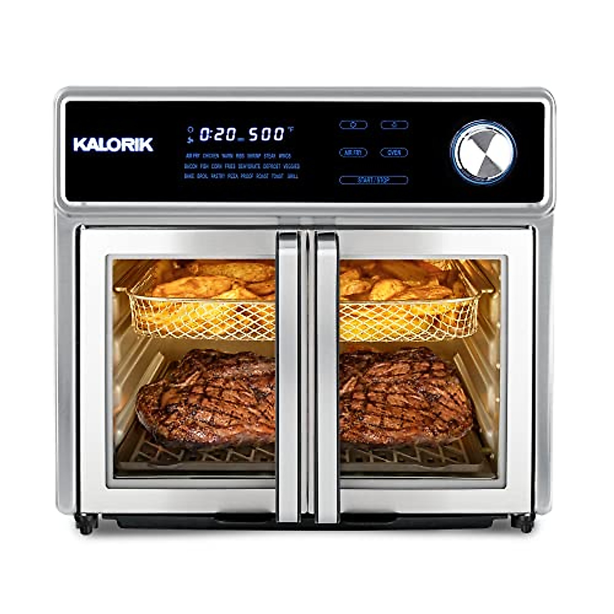 Kalorik MAXX Air Fryer Oven Grill Deluxe AFO 51041 SS |26 Quart Digital Smokeless Indoor Grill & Air Fryer Oven Combo - Always-Clean Interior, 12 Accessories, BBQ, Rotisserie| 1700W | Black & Stainless Steel