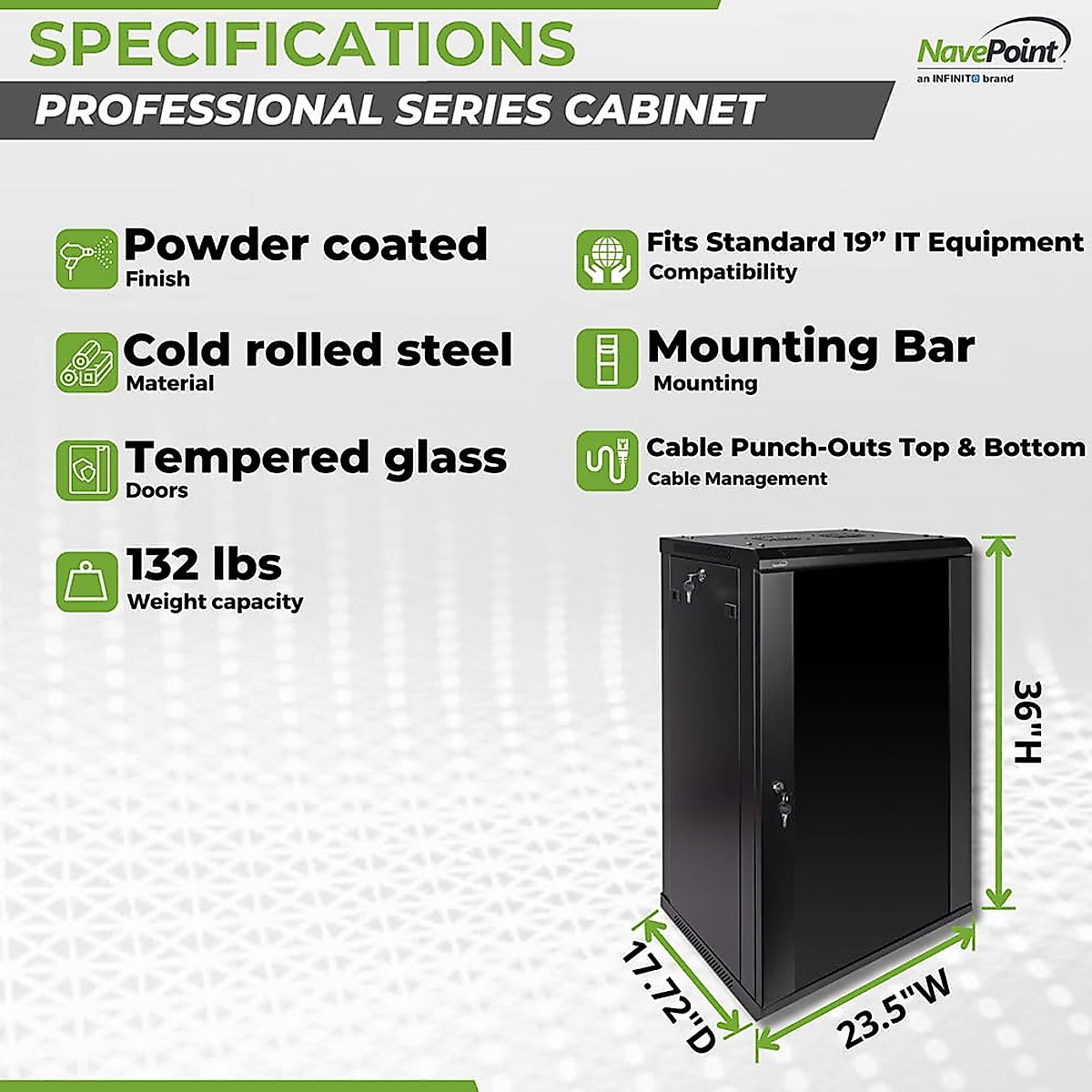 NavePoint 18U Server Rack Enclosure - 17.7” Deep, 18U Wall Mount Network Cabinet with Locking Glass Door for 19” IT Equipment, 18U Network Rack with 2 Fans, Removable Side Panels, Black
