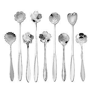 9 Pcs Flower Spoon Coffee Teaspoon Set, ESRISE Stainless Steel Tea Spoon essert Spoon, Cute Demitasse Scoop for Stirring Drink Mixing Milkshake Jam (Silver)