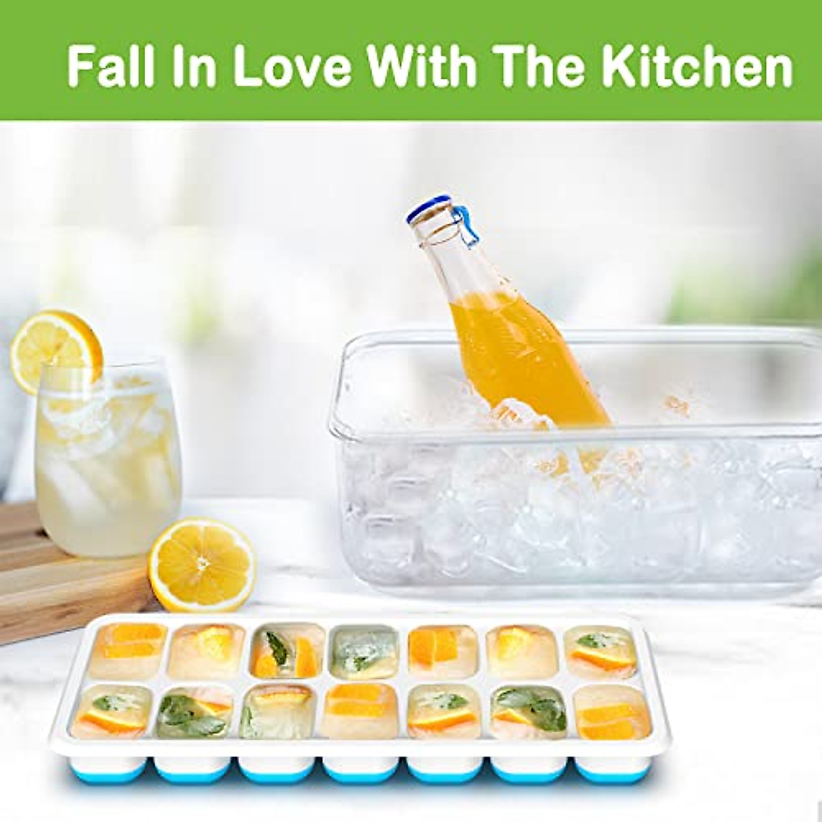 Ice Cube Tray, Silicone Ice Tray with Stackable and Spill-Resistant Lid, Easy Release Ice Cube Trays for Freezer, BPA Free Reusable Ice Trays for DIY Flavor (2 Pack)