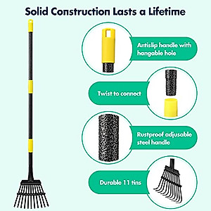 73 Inch Long Garden Leaf Rake, 8.5" Wide Heavy Duty Small Rake for Shrub with 11 Metal Tines,Yard Rake with Ergonomics Adjustable Handle for Picking up Leaves, Grass Clippings, Garbage and More