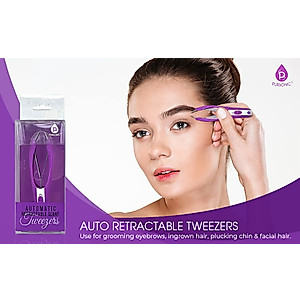 Pursonic | Auto Retractable Tweezers for Eyebrows, Ingrown Hair & Facial Hair, Durable Stainless Steel Material - Features Spotlight & Smart Grab System