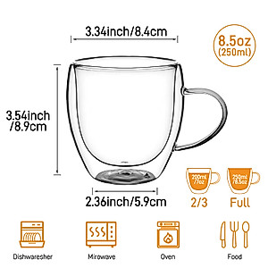 Dyserbuy Double Wall Glass Coffee Mugs Set of 4, 8.5oz Insulated Espresso Cups Coffee Cups, Drinking Glasses with Handle, Perfect for Latte,Cappuccino,Hot Chocolate,Tea and Juice