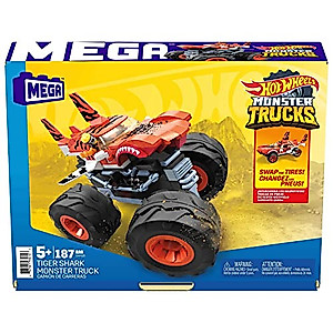 MEGA Hot Wheels Monster Trucks Building Toy Playset, Tiger Shark with 187 Pieces, 1 Micro Action Figure Driver, Orange and Black, Kids Age 5+ Years