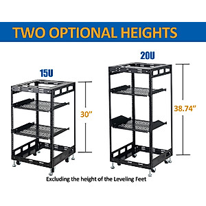 Tedgetal 20U Open Frame Rack for Servers & AV Gear - Wall Mountable Design Includes 2X Vented Shelves, 4X Leveling Feet, 4X Casters