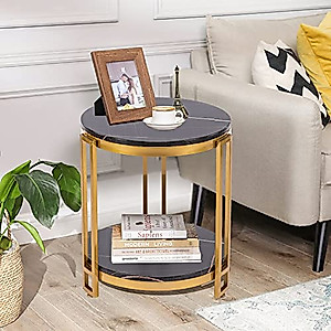 Alunaune Industrial End Table, 2-Tier Marble Look Round Side Table, Small Modern Storage Shelf Gold Metal Coffee Table Nightstand for Living Room Bedroom-Black