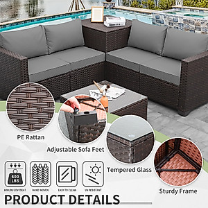 Outdoor PE Wicker Patio Furniture Set 4 Piece Dark Brown Rattan Sectional Loveseat Couch Set Conversation Sofa with Storage Box Glass Top Table and Non-Slip Grey Cushion