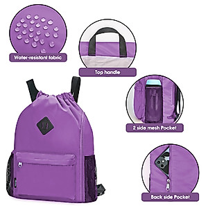 WANDF Drawstring Backpack Sports Gym Bag with Shoes Compartment, Water-Resistant String Backpack Cinch for Women Men(Large,Purple)
