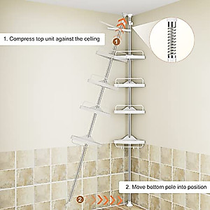 Corner Shower Caddy Tension Pole: Adjustable Stainless Steel Shower Organizer with 4 Tier Shelf for Bathroom Bathtub Tub Shampoo - Floor Standing Rack Bath Storage Holder with Rust Proof Rods