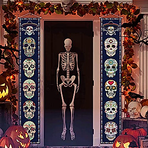 Jiudungs Day of The Dead Decoration Outdoor Dia De Los Muertos Sugar Skull Porch Sign Banner Halloween Mexican Theme Party Decor and Supplies for Home