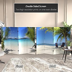 Red Lantern 4 ft. Short Double Sided Beach Canvas Folding Screen 4 Panel Freestanding Partition and Separator for Modern and Contemporary Bedroom, Home Office, Studio, Dorm, Apartment